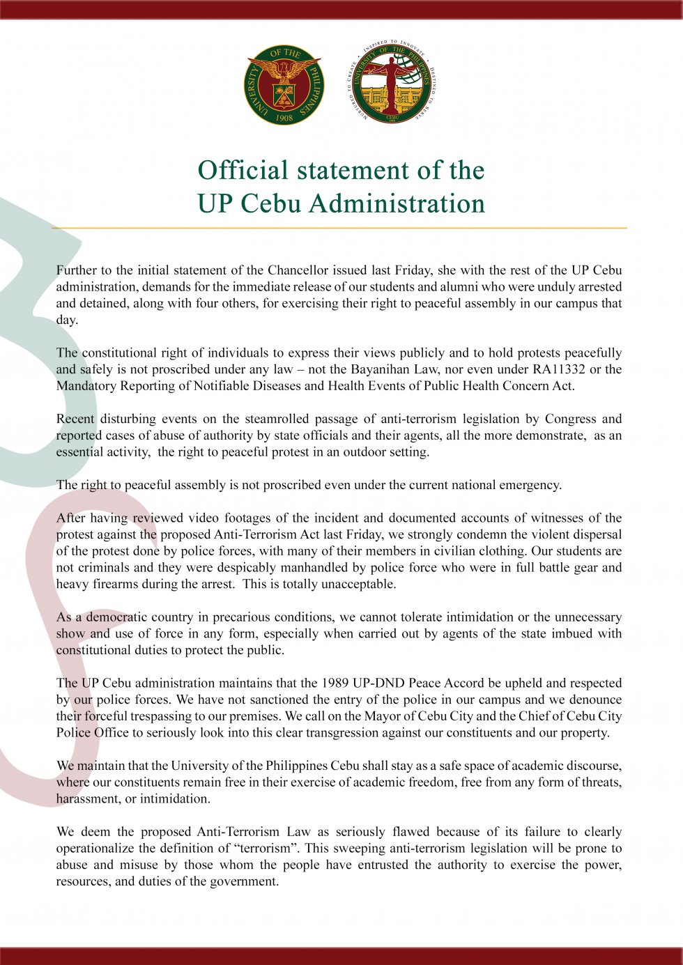 Official Statement of the UP Cebu Administration | University of the ...