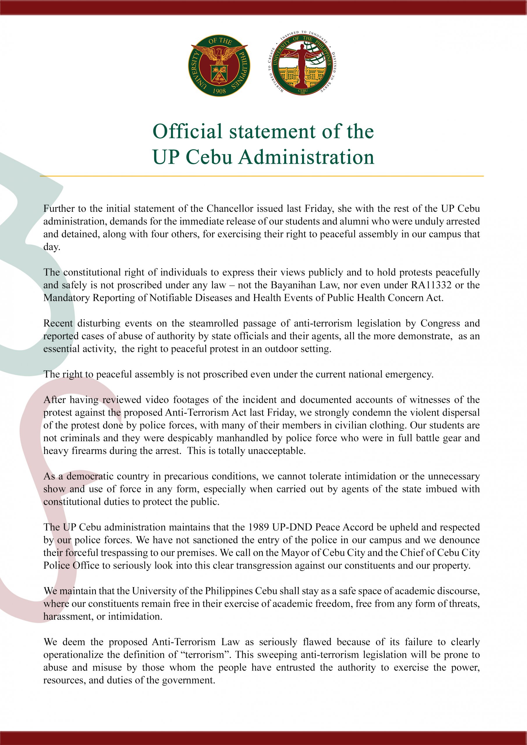Official Statement of the UP Cebu Administration | University of the ...