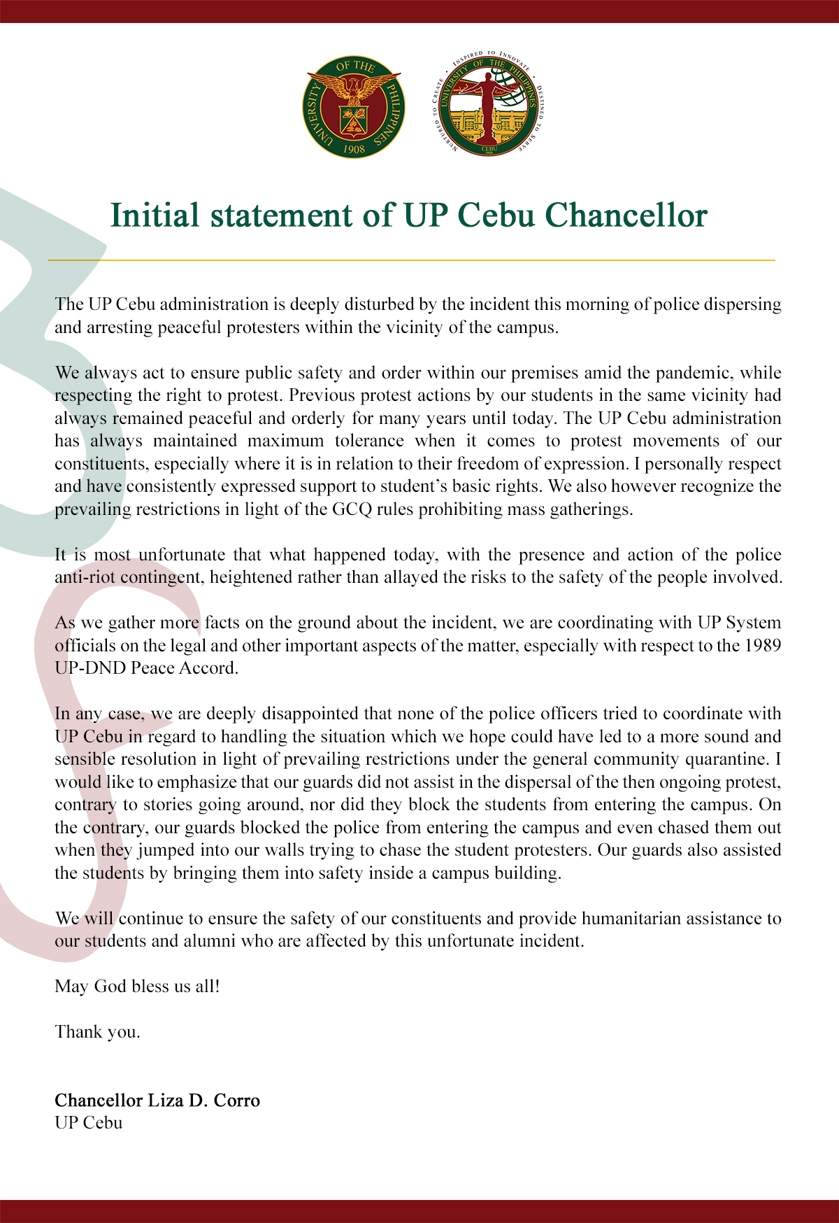Initial statement of UP Cebu Chancellor | University of the Philippines ...