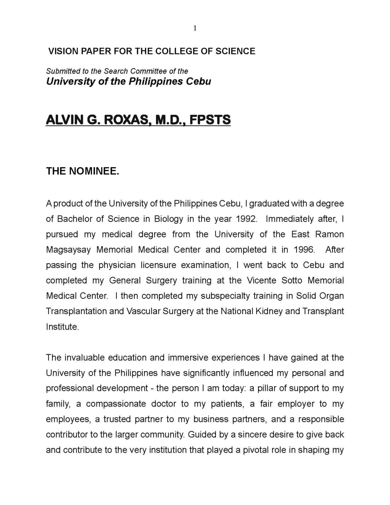Vision Paper of Dr. Alvin Roxas for CS Dean Nominee | University of the ...